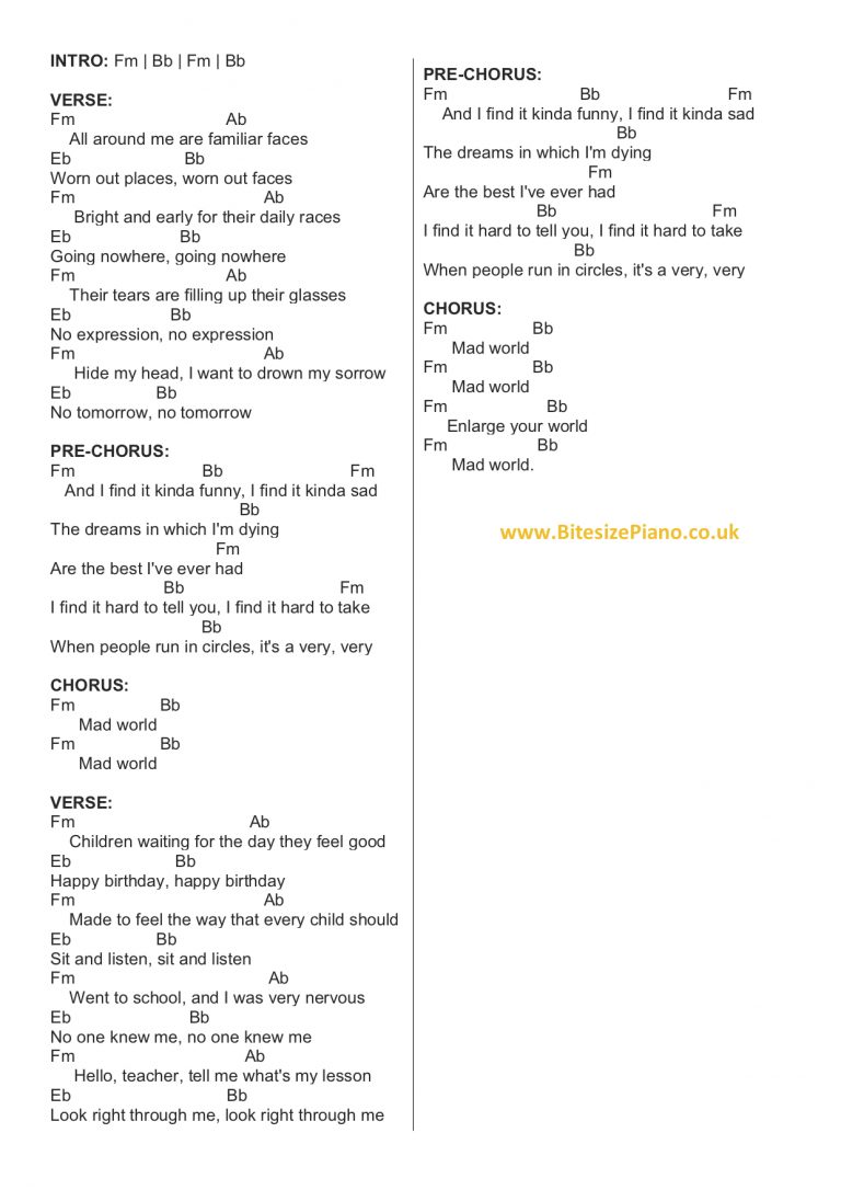 MAD WORLD – GARY JULES PIANO CHORDS & Lyrics – Bitesize Piano
