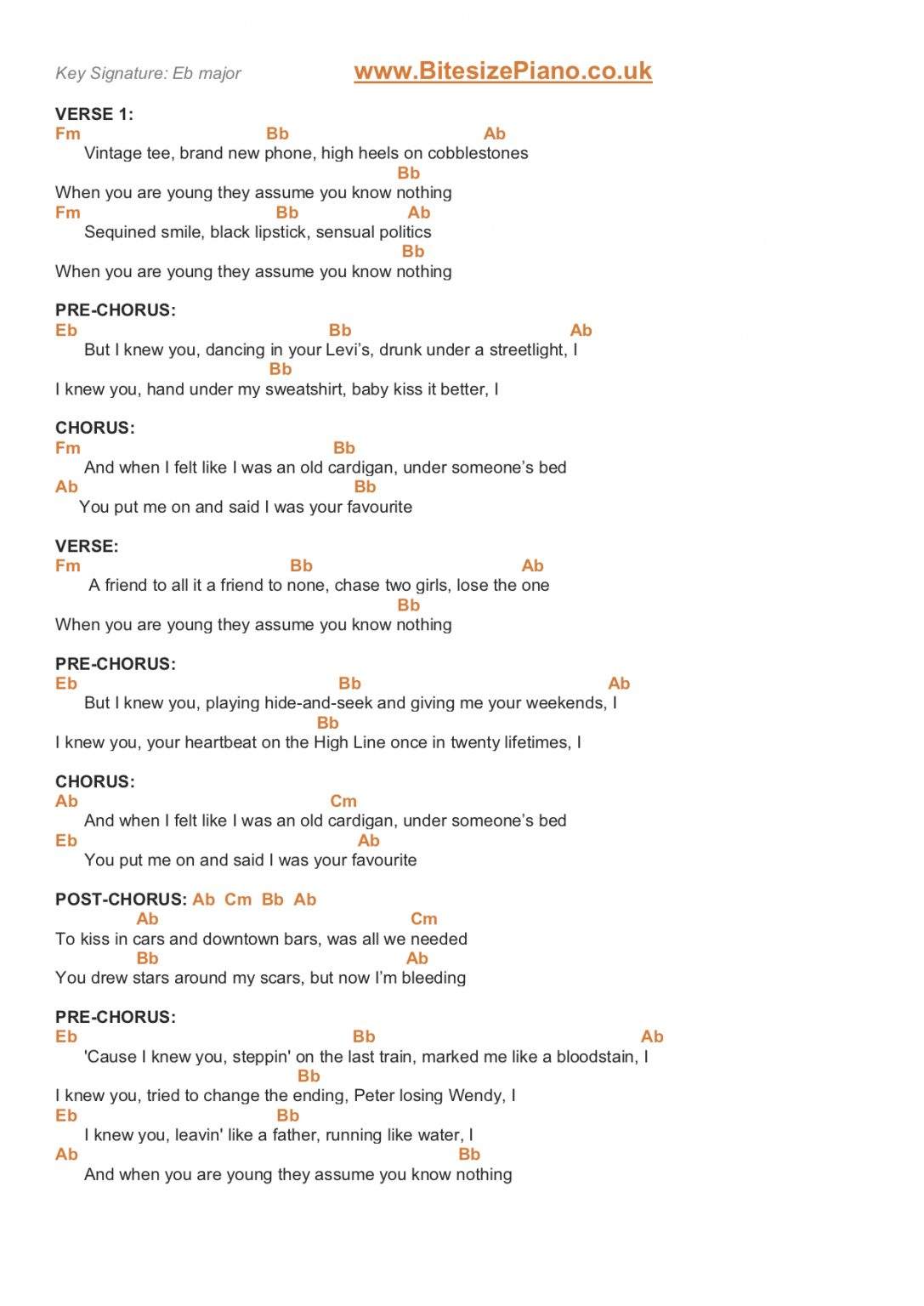 CARDIGAN – TAYLOR SWIFT PIANO CHORDS & Lyrics – Bitesize Piano