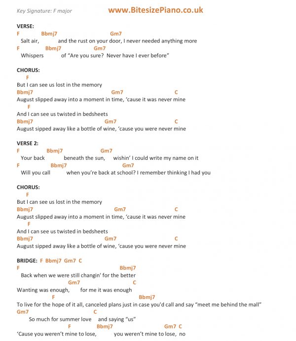 AUGUST – TAYLOR SWIFT PIANO CHORDS & Lyrics – Bitesize Piano
