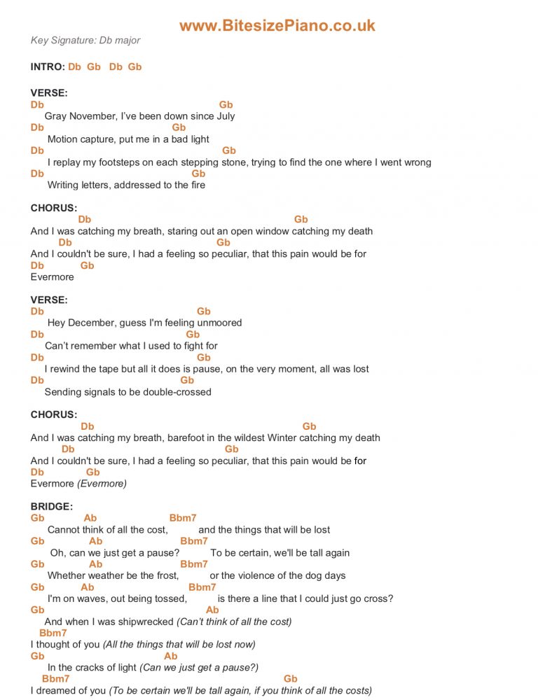 EVERMORE TAYLOR SWIFT, BON IVER PIANO CHORDS & Lyrics – Bitesize Piano