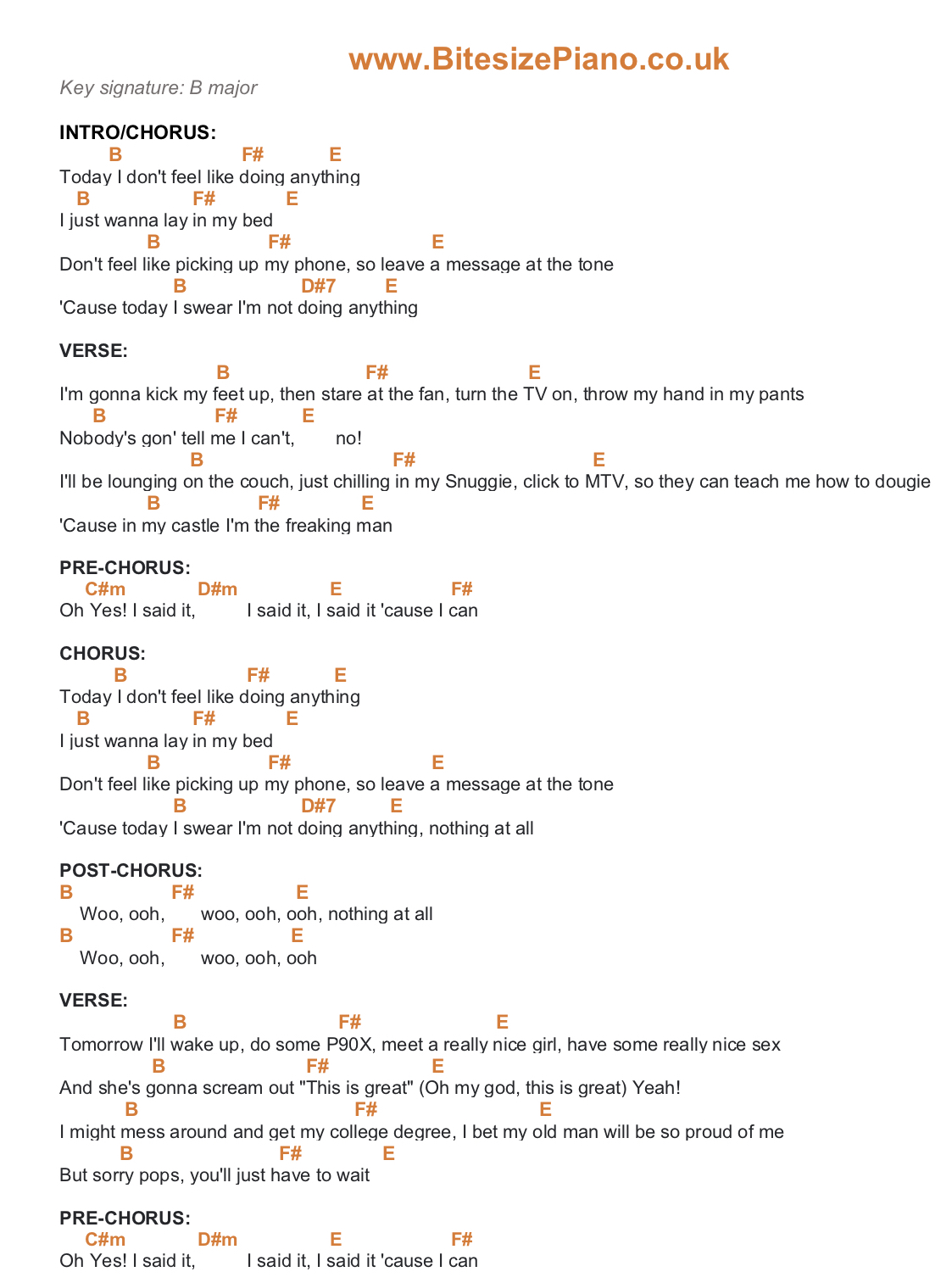 THE LAZY SONG – BRUNO MARS PIANO CHORDS & Lyrics – Bitesize Piano