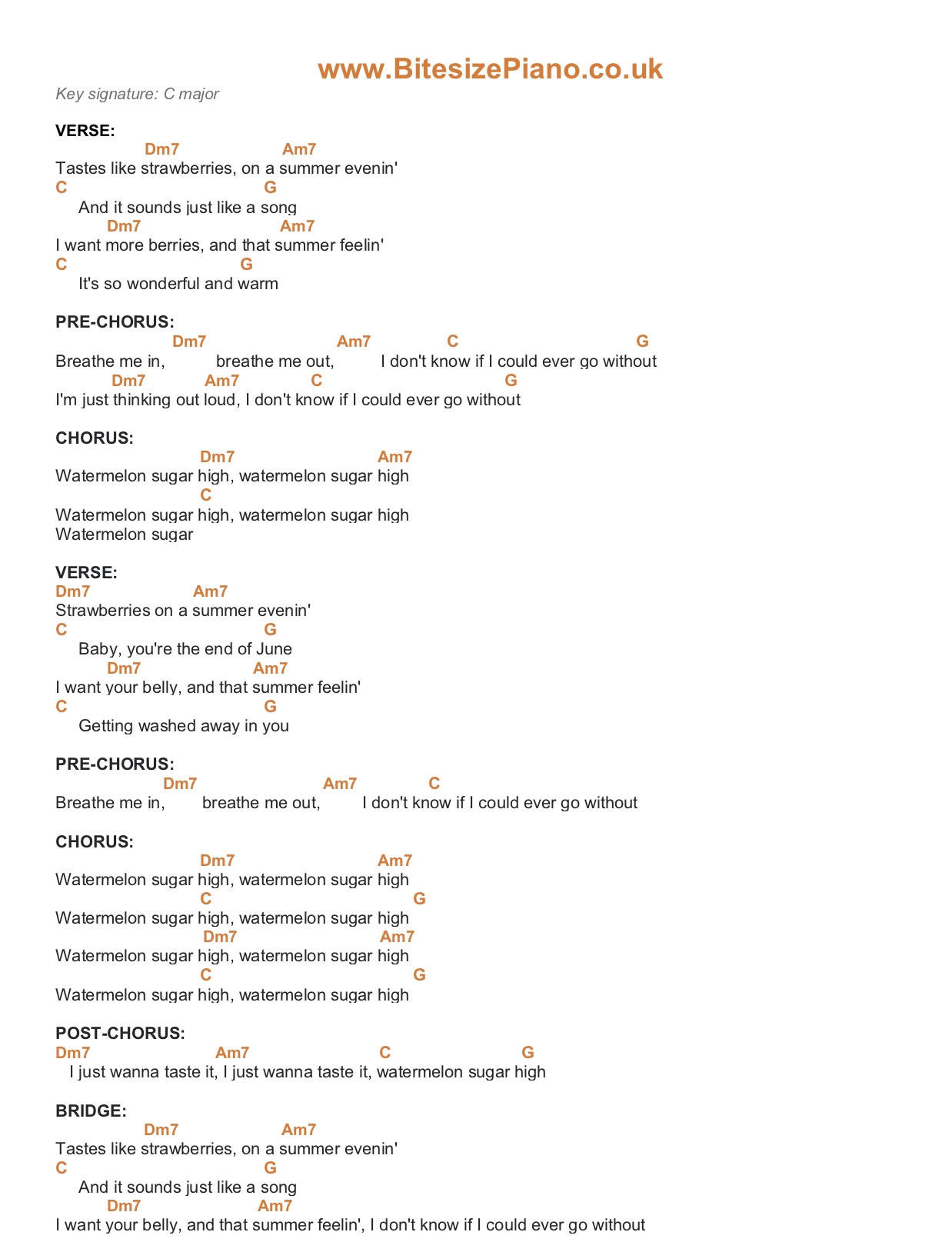 WATERMELON SUGAR – HARRY STYLES PIANO CHORDS & Lyrics – Bitesize Piano