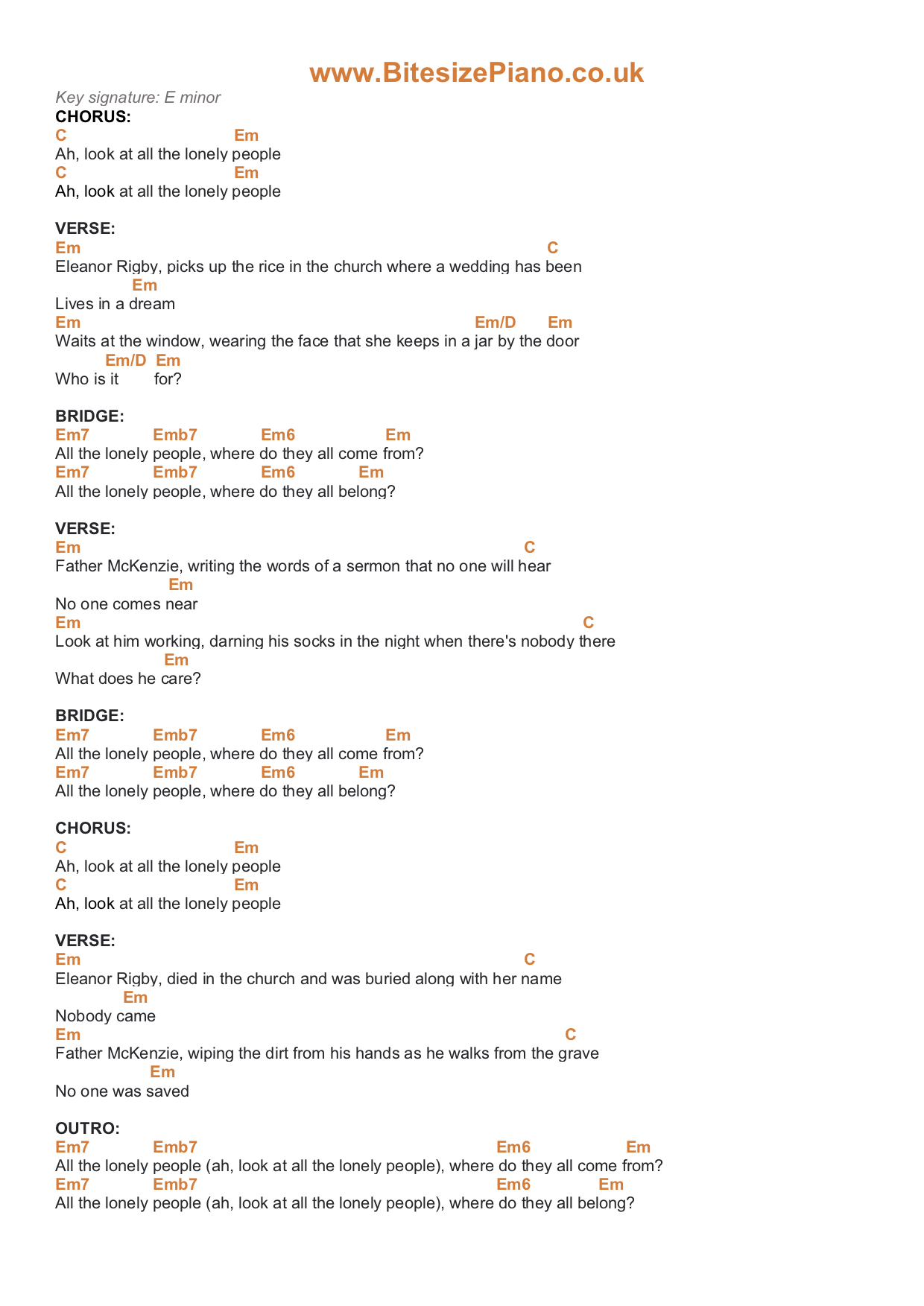 ELEANOR RIGBY – THE BEATLES PIANO CHORDS & Lyrics – Bitesize Piano