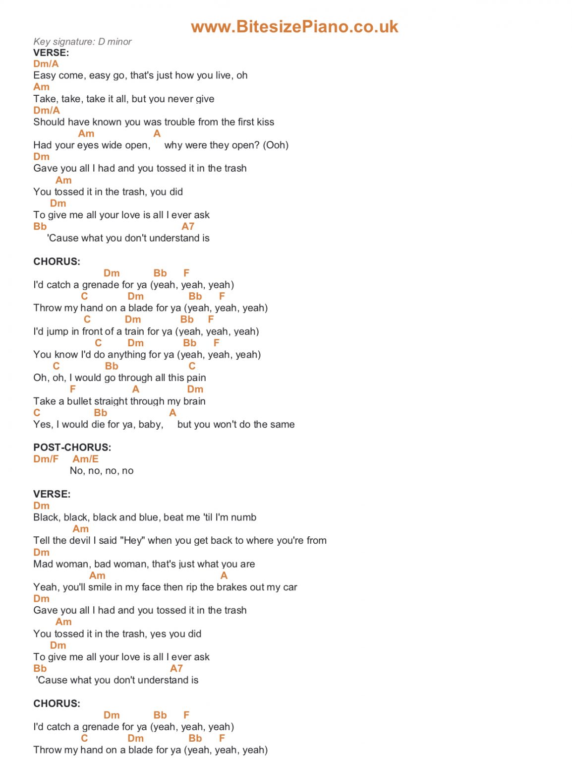 GRENADE – BRUNO MARS PIANO CHORDS & Lyrics – Bitesize Piano