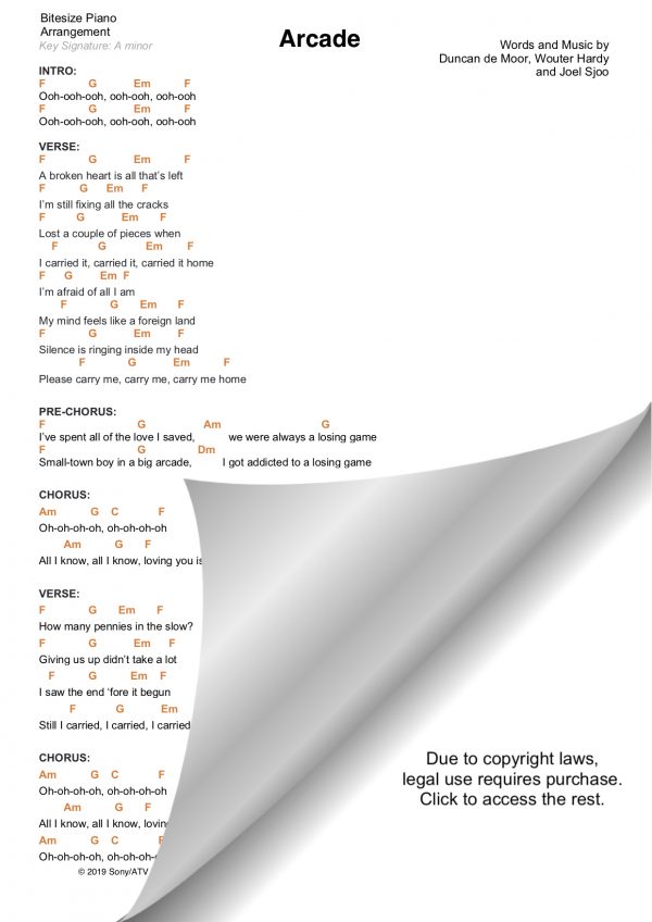 ARCADE – DUNCAN LAURENCE PIANO CHORDS & Lyrics – Bitesize Piano