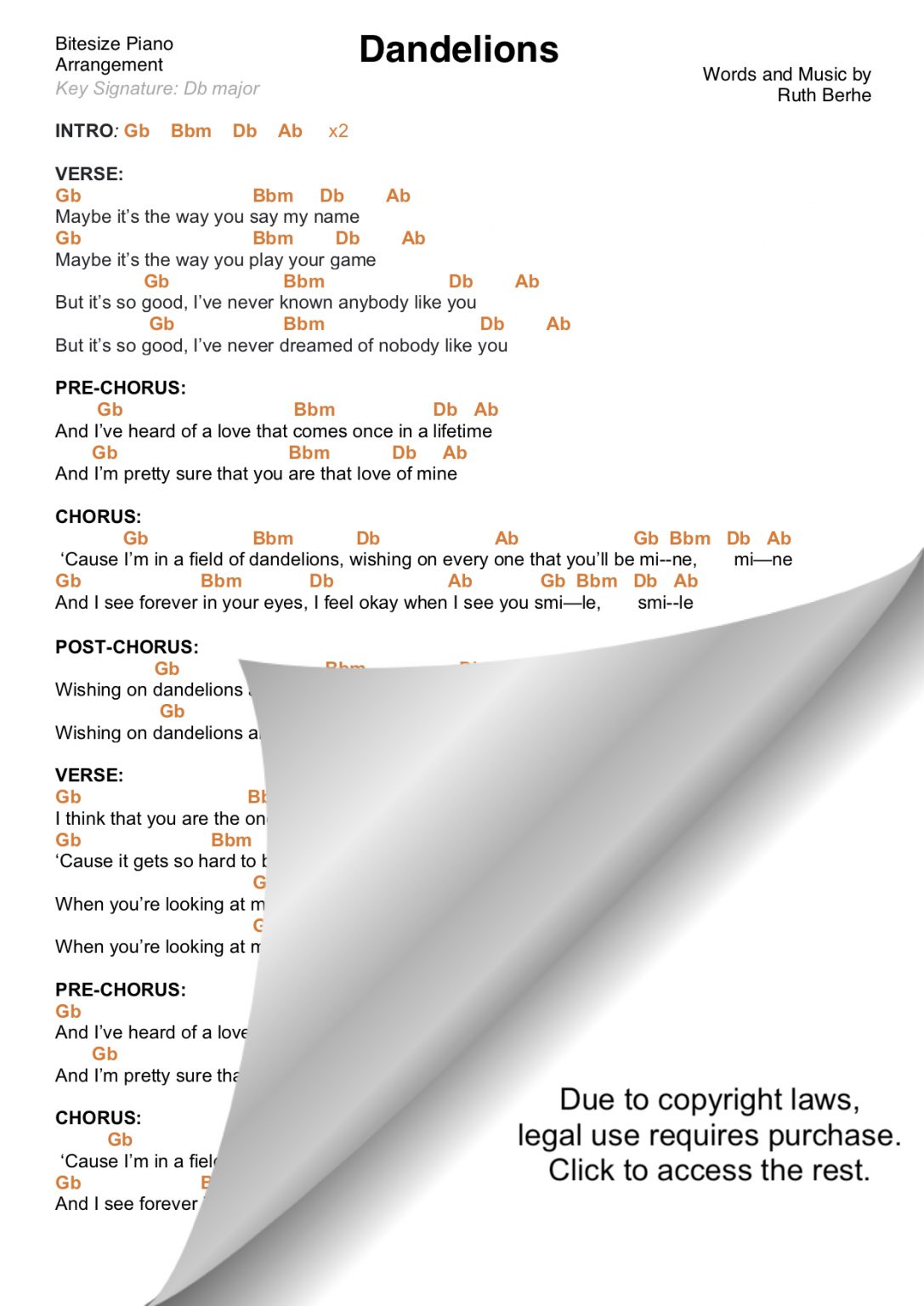 DANDELIONS – RUTH B. PIANO CHORDS & Lyrics – Bitesize Piano