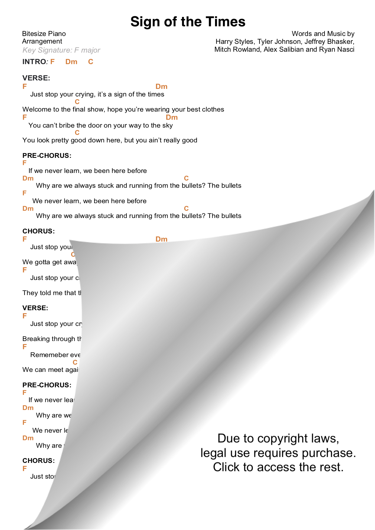 SIGN OF THE TIMES – HARRY STYLES PIANO CHORDS & Lyrics – Bitesize Piano