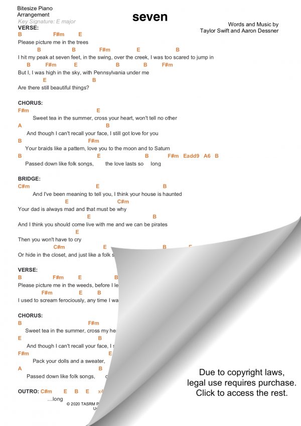 SEVEN – TAYLOR SWIFT PIANO CHORDS & Lyrics – Bitesize Piano