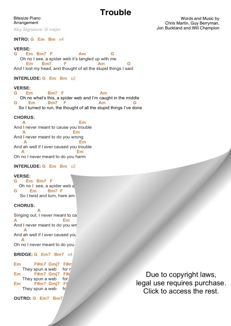 TROUBLE – COLDPLAY PIANO CHORDS & Lyrics – Bitesize Piano