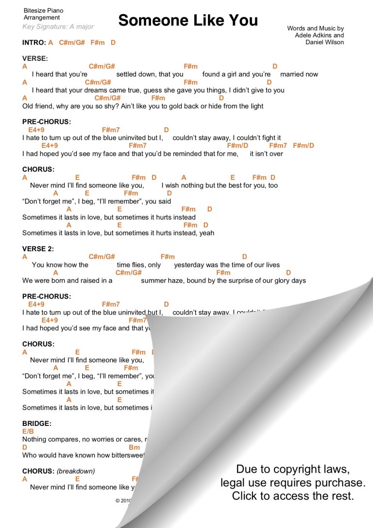 SOMEONE LIKE YOU – ADELE PIANO CHORDS & Lyrics – Bitesize Piano