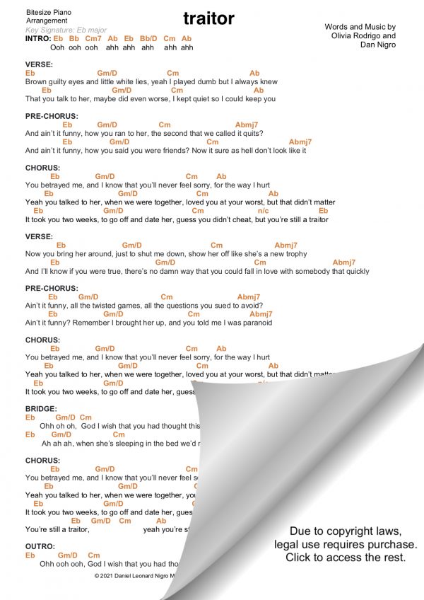 TRAITOR – OLIVIA RODRIGO PIANO CHORDS & Lyrics – Bitesize Piano