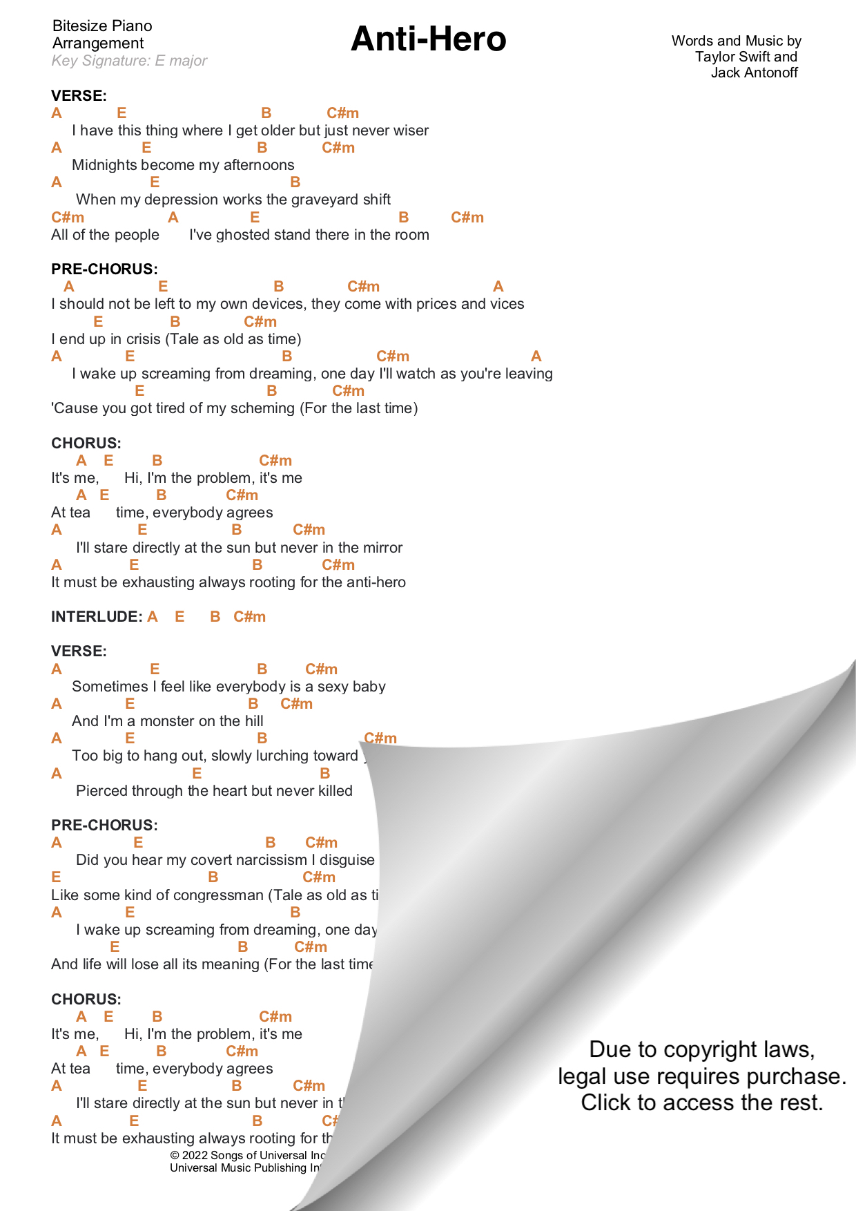 ANTI-HERO – TAYLOR SWIFT PIANO CHORDS & Lyrics – Bitesize Piano