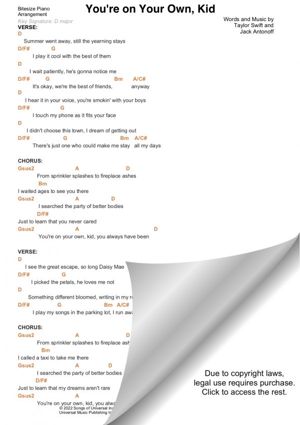 YOU’RE ON YOUR OWN, KID – TAYLOR SWIFT PIANO CHORDS & Lyrics – Bitesize ...
