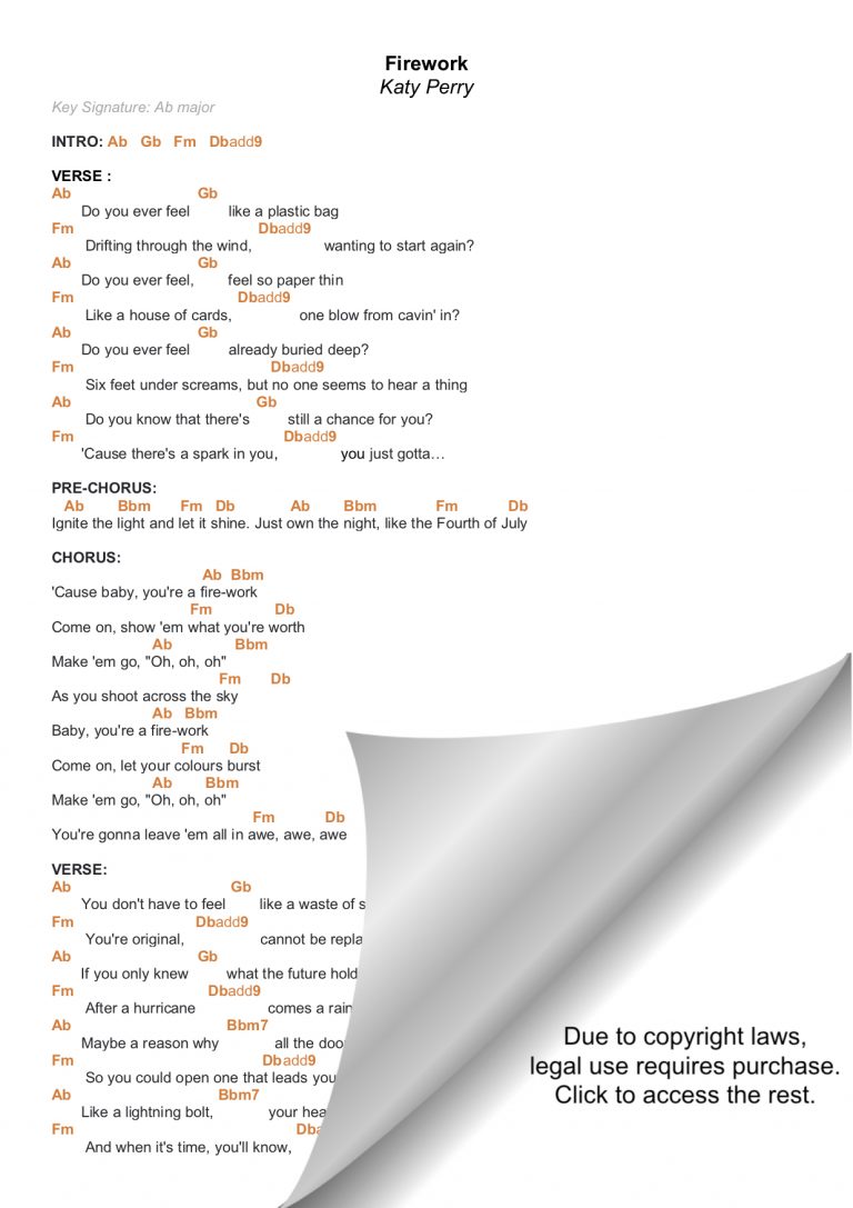 FIREWORK – KATY PERRY PIANO CHORDS & Lyrics – Bitesize Piano