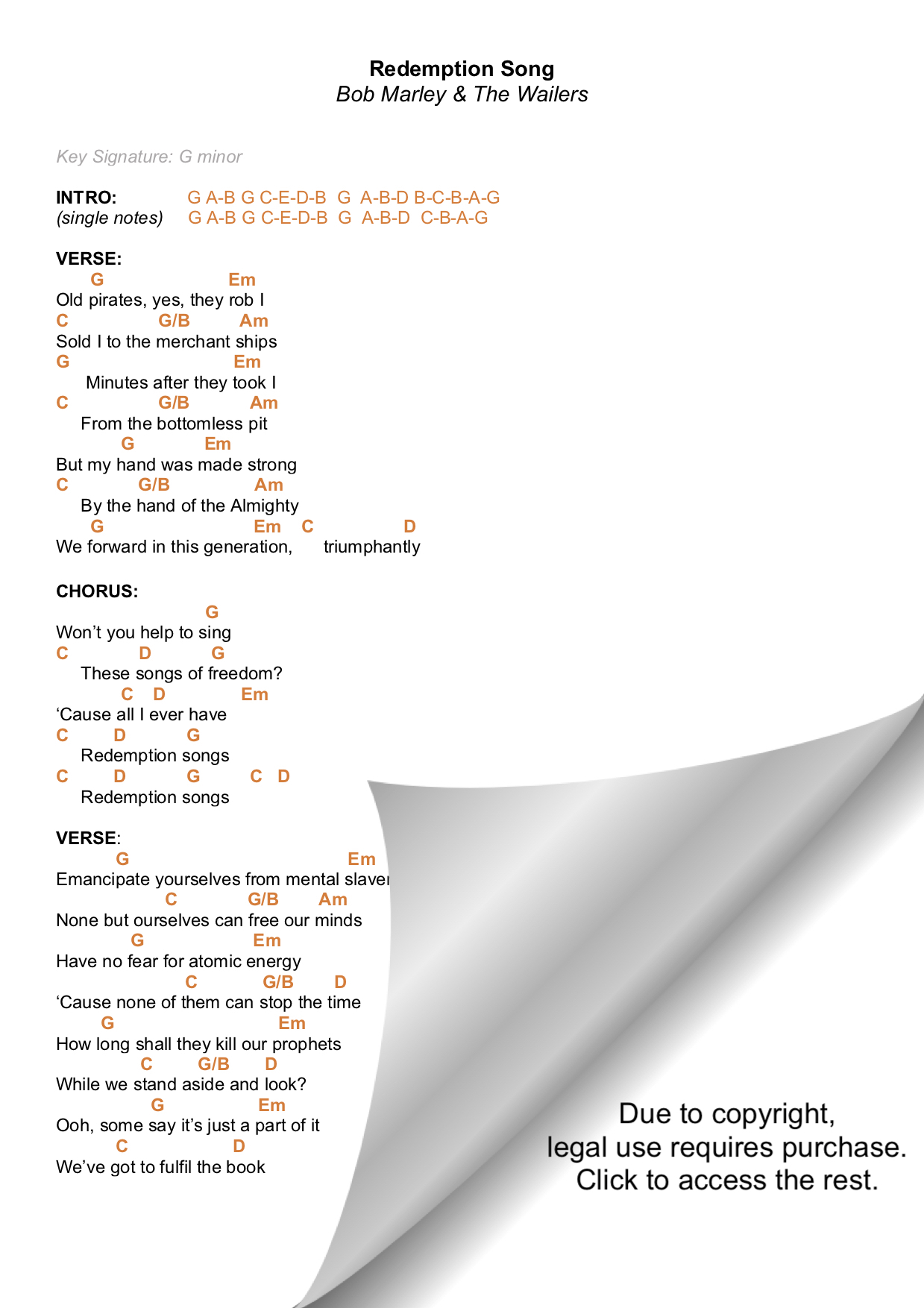 REDEMPTION SONG – BOB MARLEY & THE WAILERS PIANO CHORDS & Lyrics ...